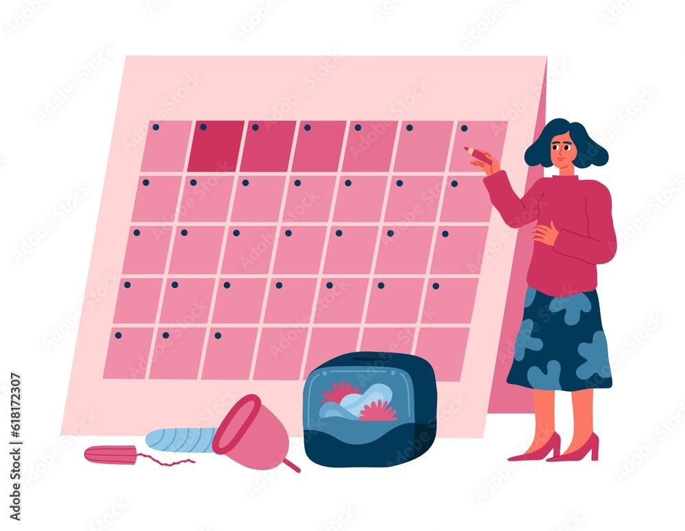 Girly pink menstrual period calendar. Women marks PMS days with pencil ...