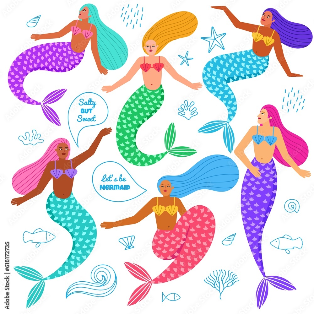 Cartoon mermaids characters. Cute oceanic girls, underwater mythical ...