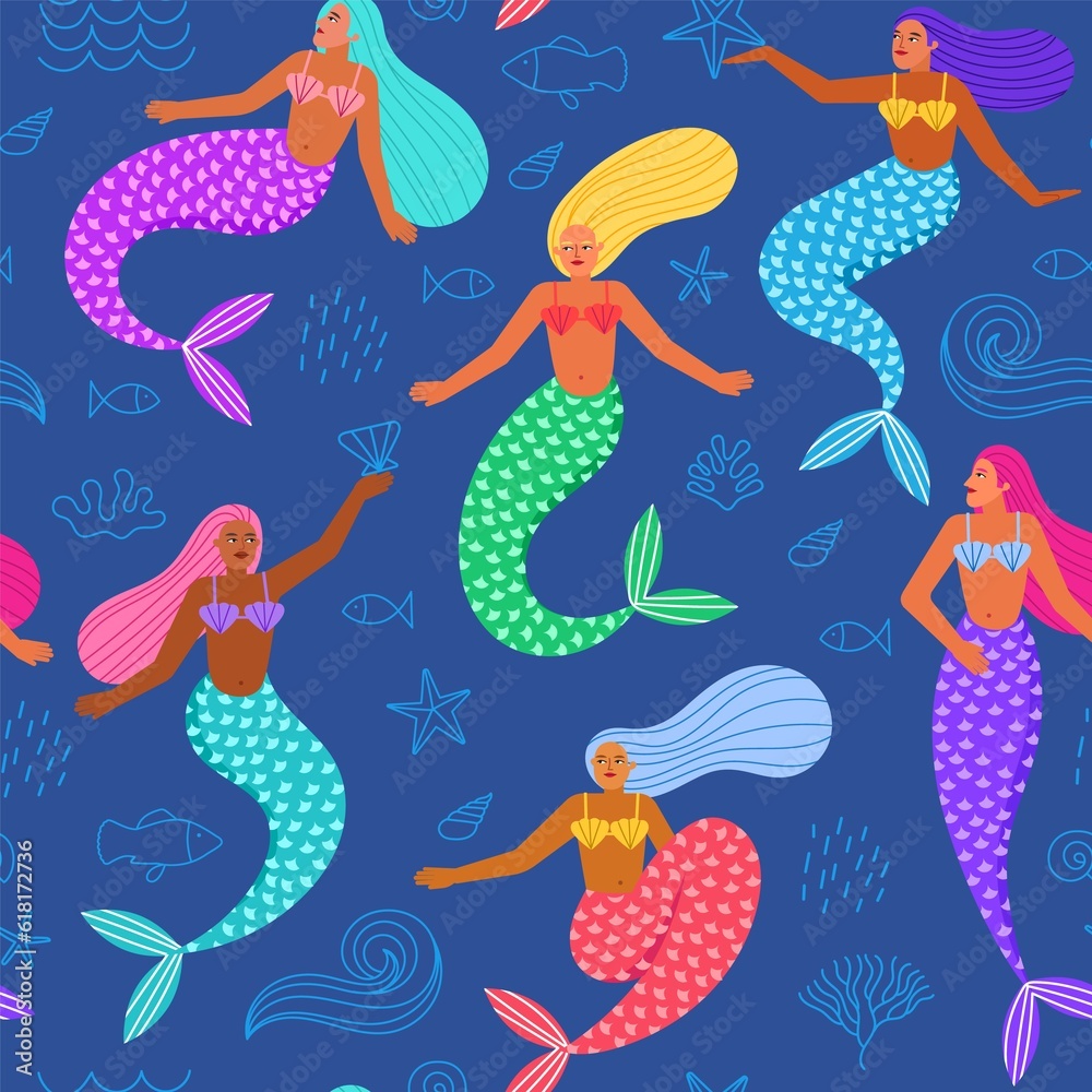 Cartoon mermaids characters. Pretty women with fish tails, underwater ...
