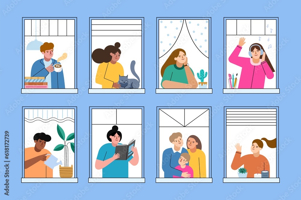 Cartoon flat persons in windows. People in apartments, neighbors ...