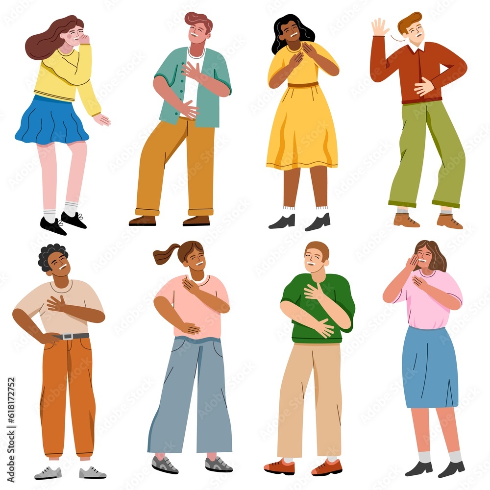 Cartoon laughing characters. Funny people, joyful reactions, positive ...