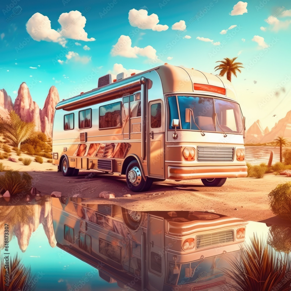 Motorhome camper van RV road trip. People on travel vacation adventure ...