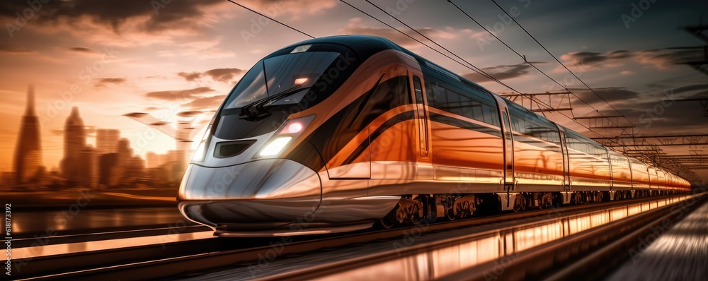 High speed train in motion on the railway station at sunset. Fast ...