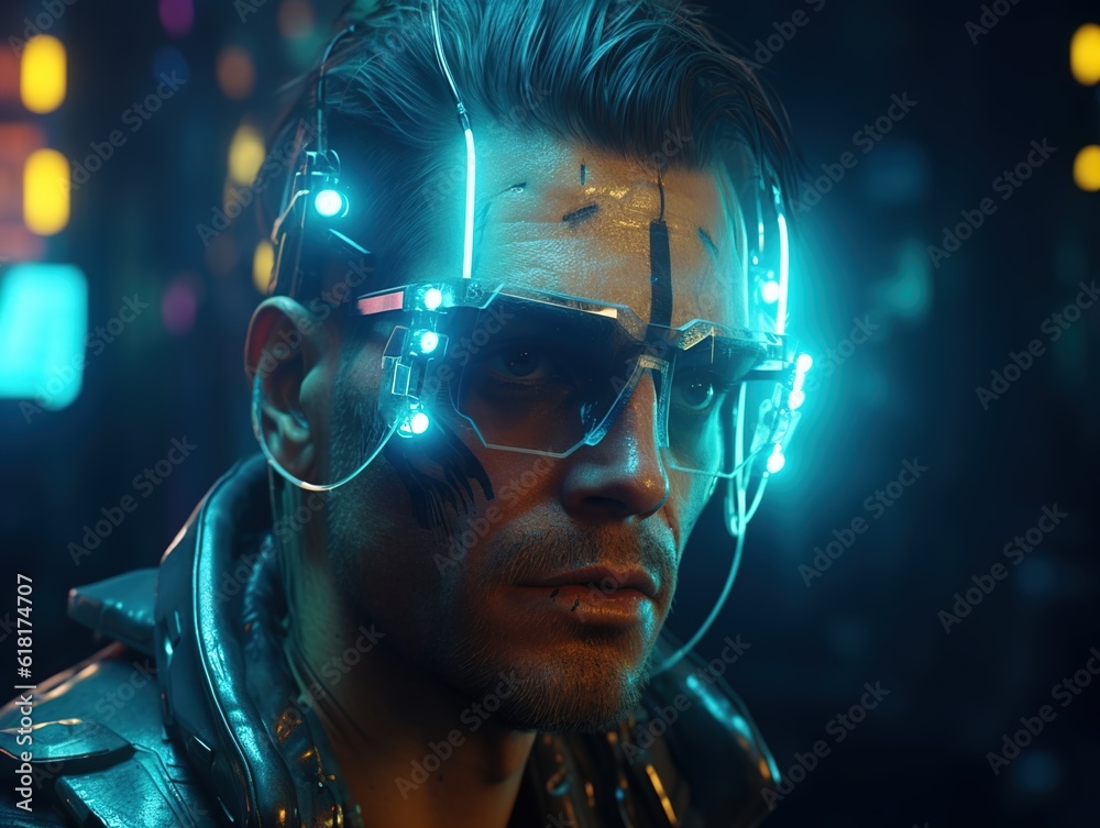 Close-up of a Cyberpunk man's face, illuminated by the glow of a ...