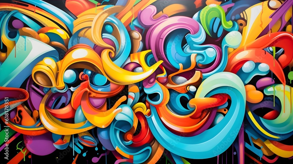 A vibrant and energetic street art-inspired mural painting with bold ...