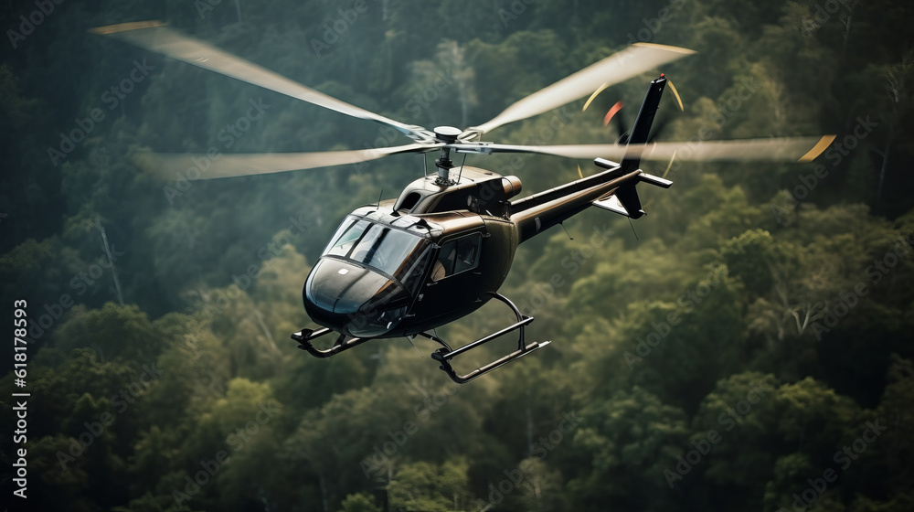 Aerial top view of an helicopter in flight with the ground in backdrop ...