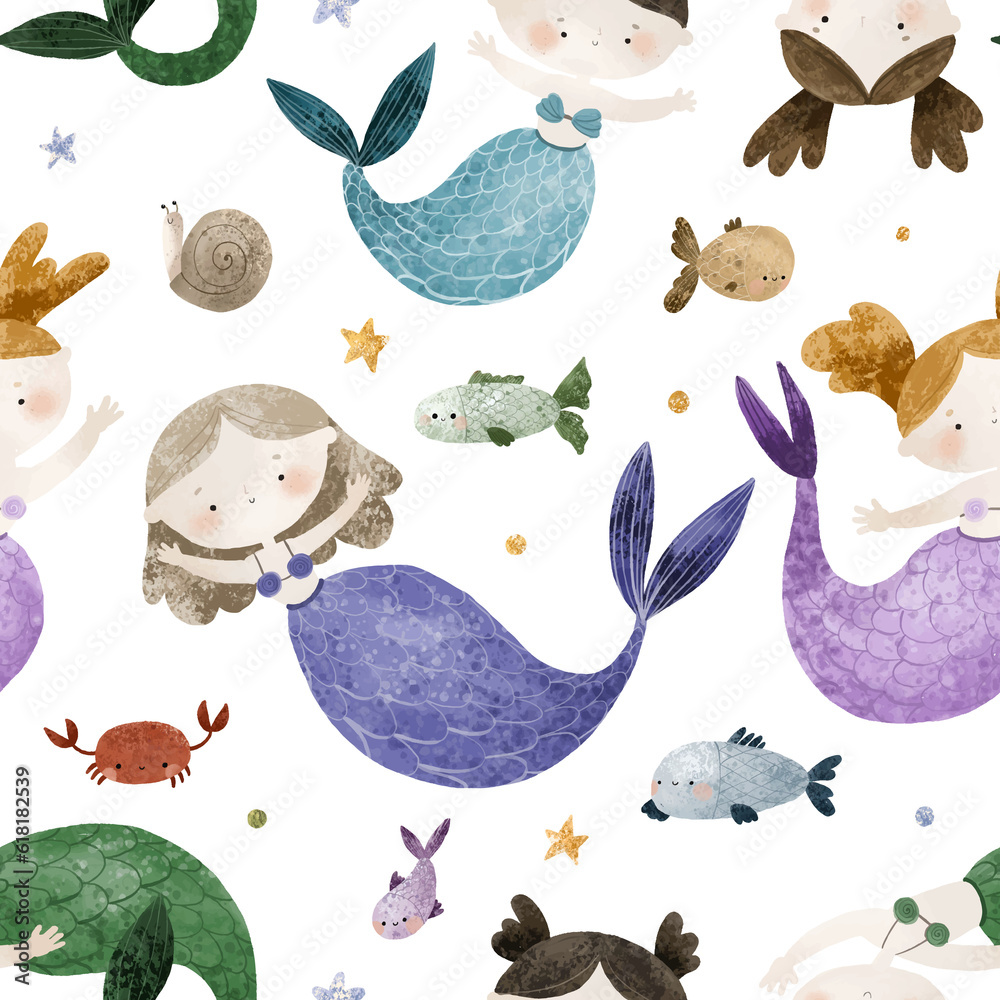 Cute mermaid kids illustration, childish graphic for kids fashion, boho ...