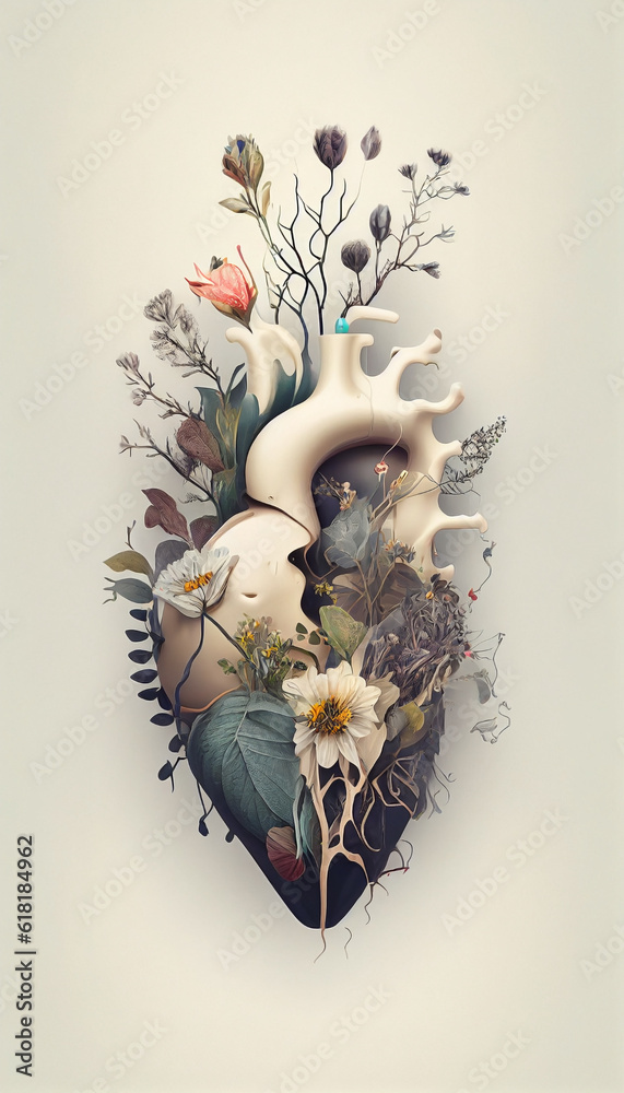 Human heart full of life, flowers and plants on a neutral background ...