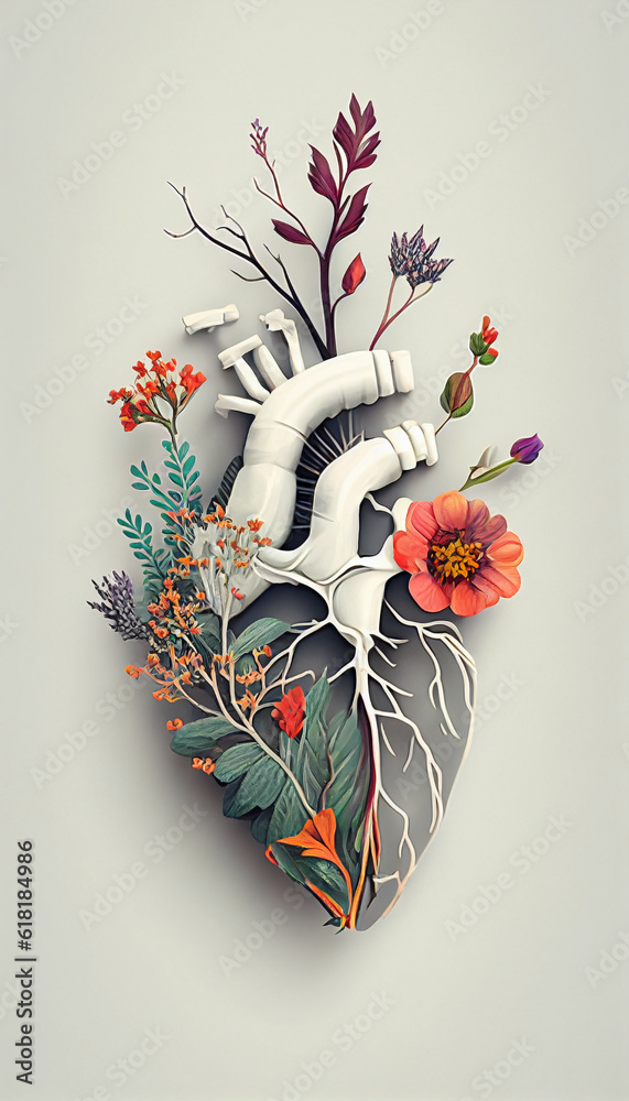 Human heart full of life, flowers and plants on a neutral background ...