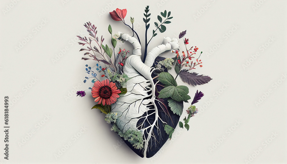 Human heart full of life, flowers and plants on a neutral background ...