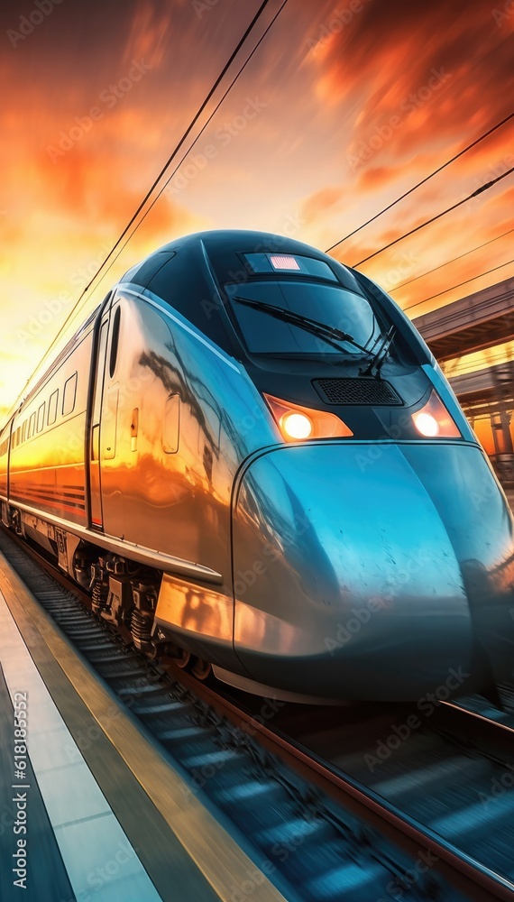 High speed train in motion on the railway station at sunset. Fast ...