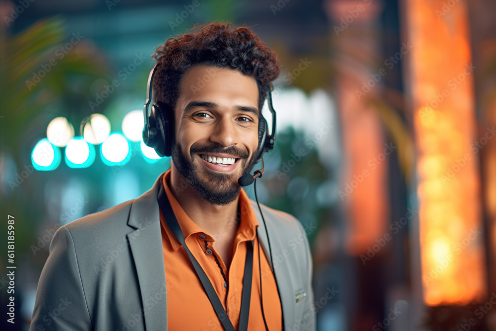Young multiethnic call center agent man with beard wearing headset with ...