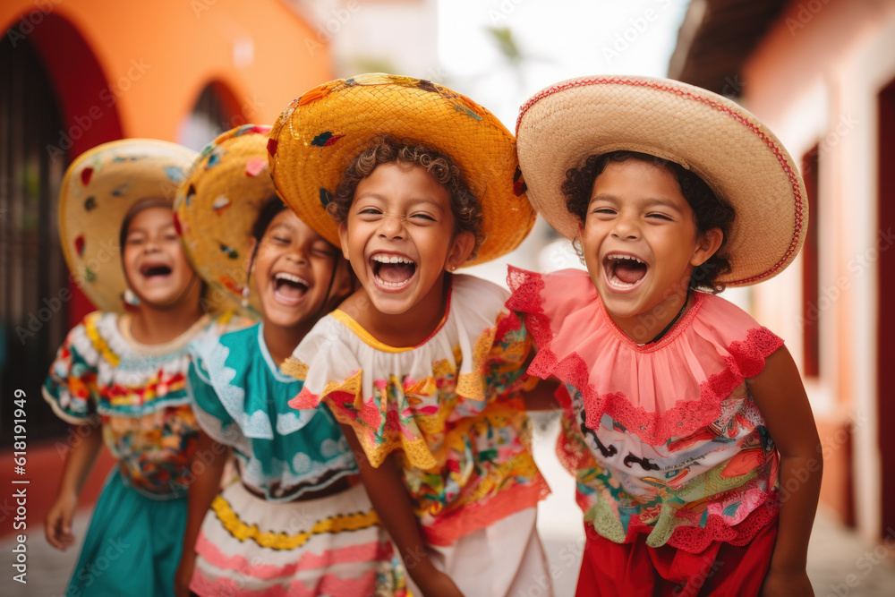 Four Mexican little girls laugh at the street carnival. Photorealistic ...