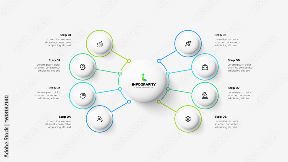 Central big circle with 8 small circles on both sides, connected by ...
