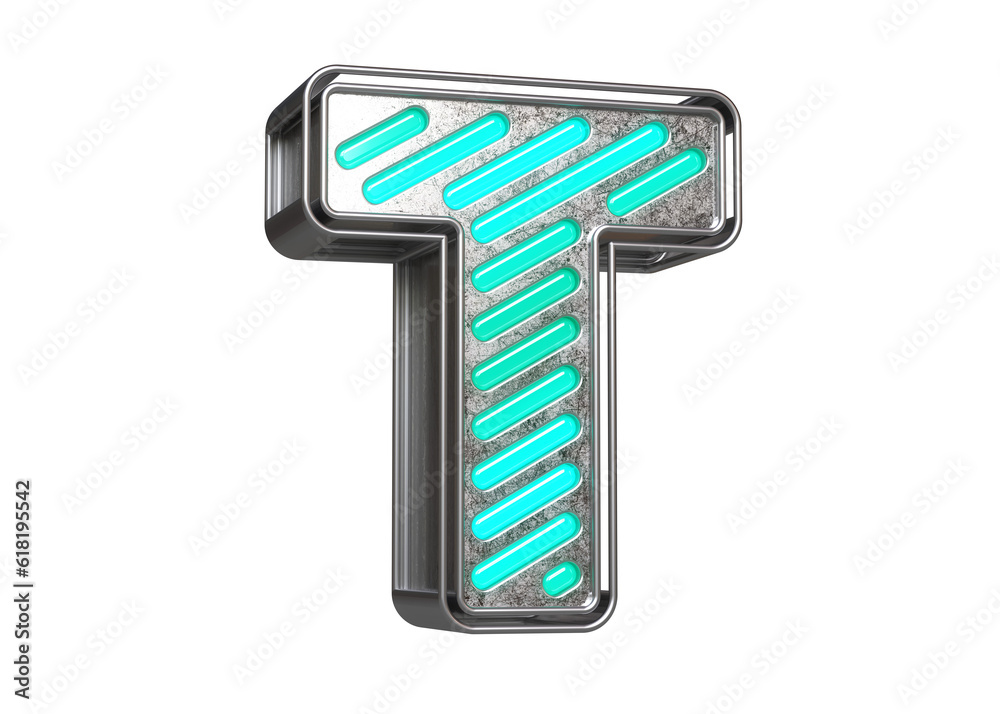 Silver and teal neon typography letter T. Flashing lettering for ...