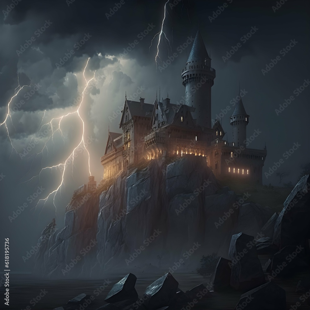 epic enormous castle on a cliff Lightning storm Cinematic lighting ...