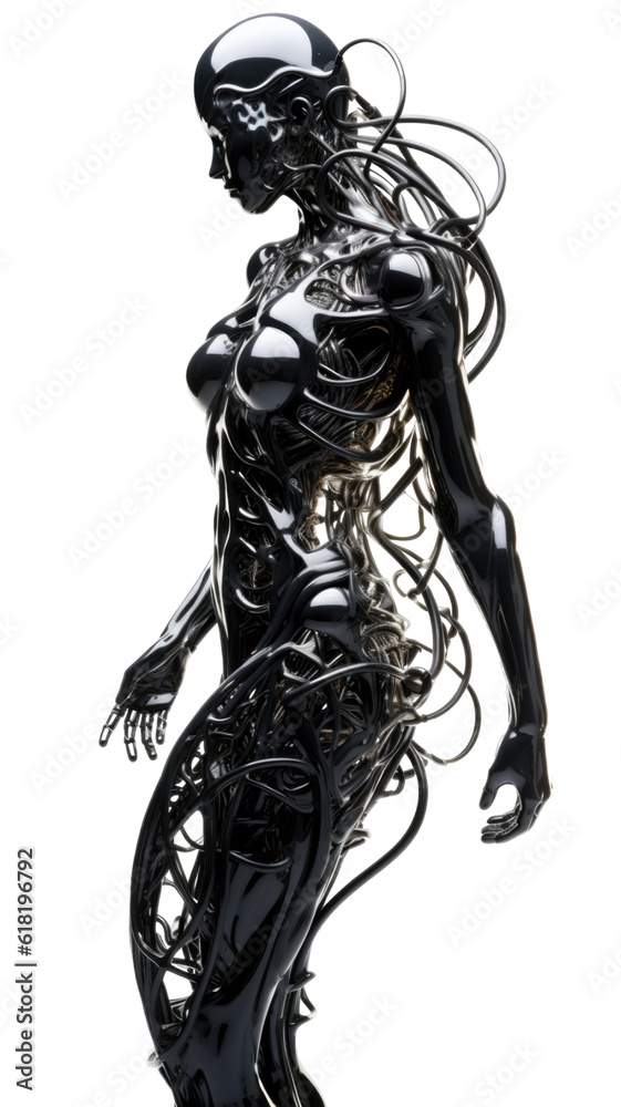 biomechanical tendrils intertwining with the silhouette of a cyborg ...