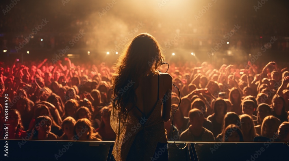 a beautiful female singer giving music concert performance in a huge ...