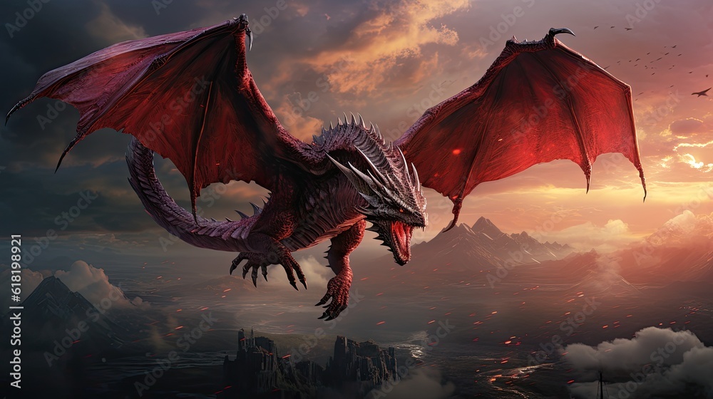 A ruby red dragon in flight with a lightning storm in the background ...