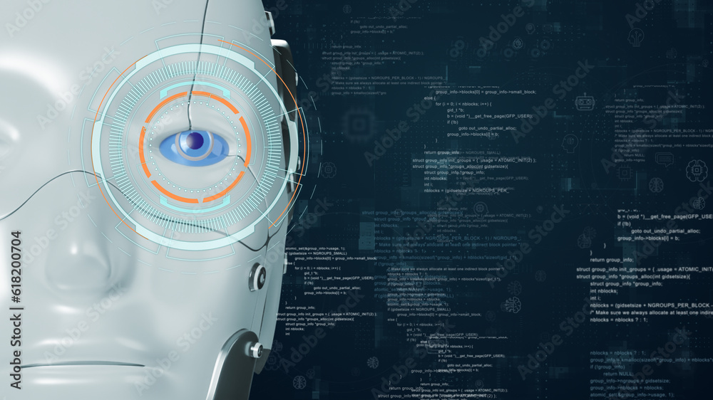 Robot assistant with digital futuristic HUD on typewriter big data ...