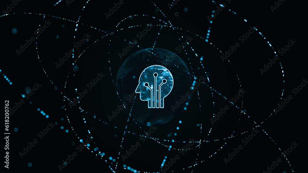 Blue Digital Robot Logo With Particle Ring Circle Rotation And Ai Technology Icon On Futuristic
