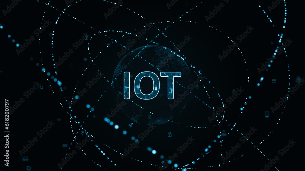 Blue digital IOT logo with particle ring circle rotation and earth ...