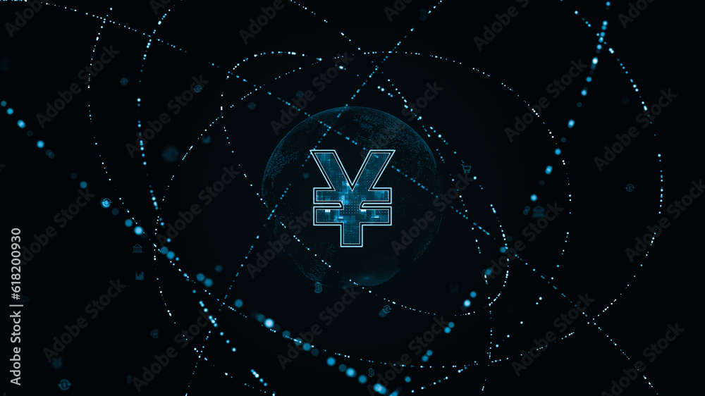 Blue digital money logo with particle ring circle rotation and earth ...
