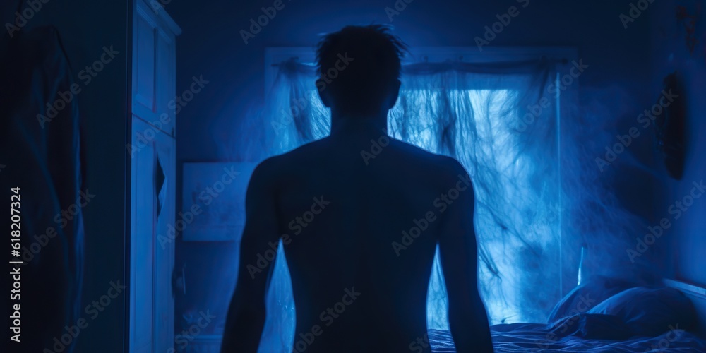 Rear view of man had a terrible nightmare woke up and looked scared ...