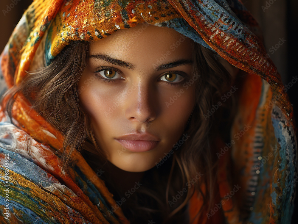 bellissimo ritratto di donna araba con velo colorato, primo piano di ...