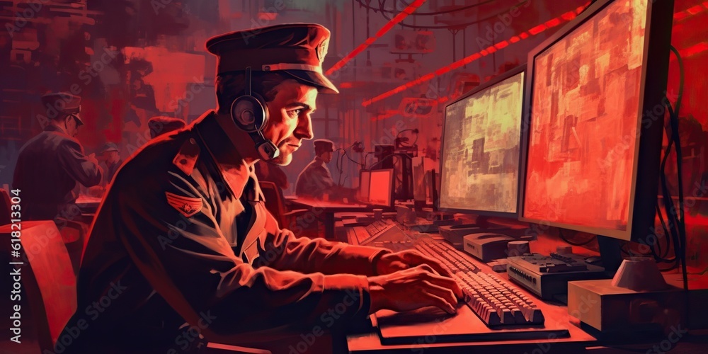 Soviet propaganda poster with an office worker at computer, concept of ...
