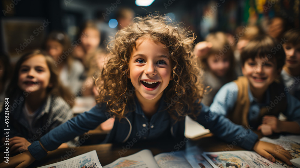 Back to School. Exciting filling in the air. Happy young Pupils in the ...