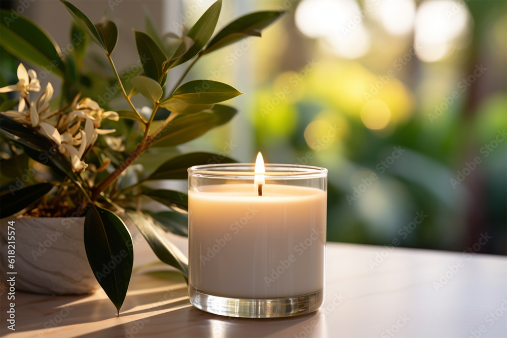 Clear glass candle jar mockup, burning container candle Stock Photo ...