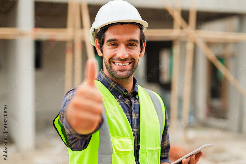 Portrait of cvil engineer with safety uniform working at construction ...