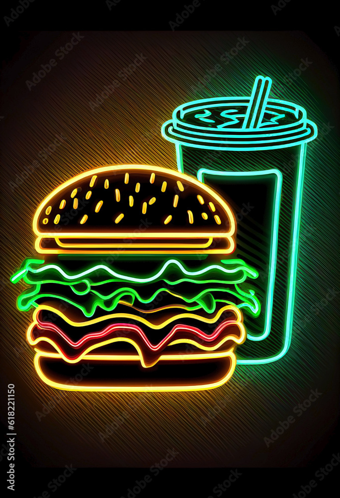 Tasty cheeseburger on a neon sign with colorful glowing lights. Very ...