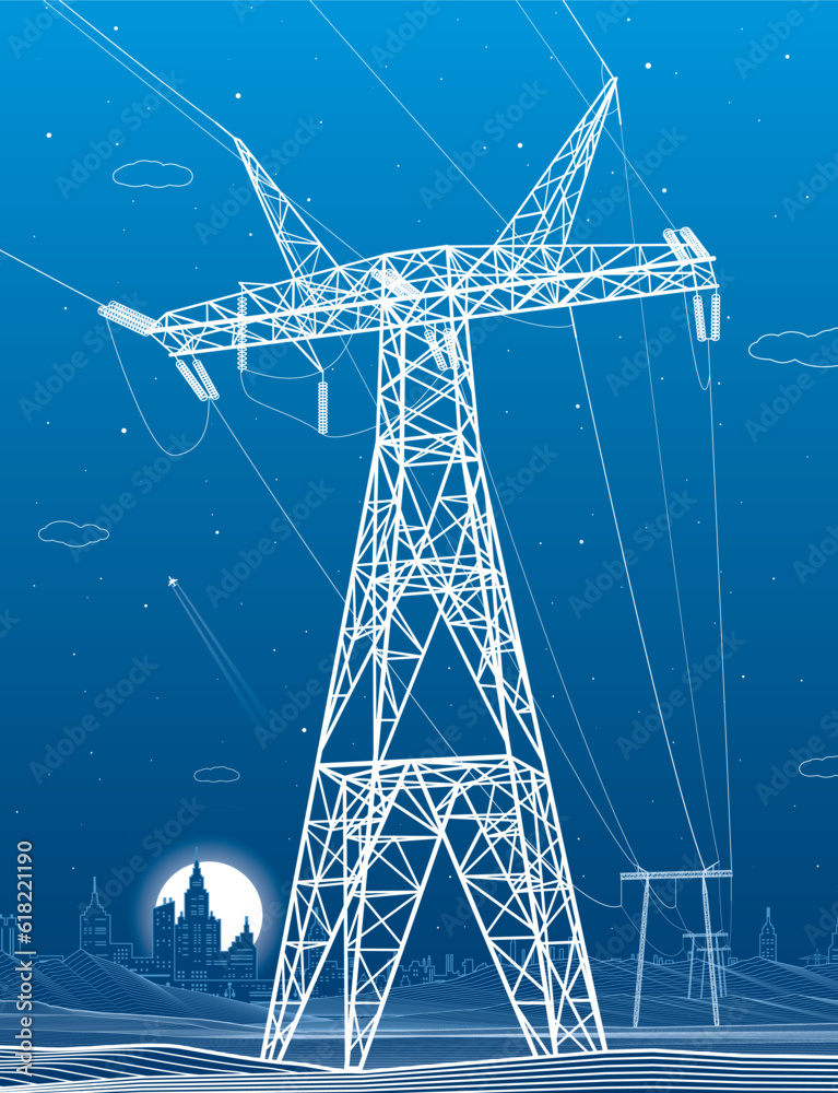 High voltage transmission systems. Electric pole. Power lines. A ...