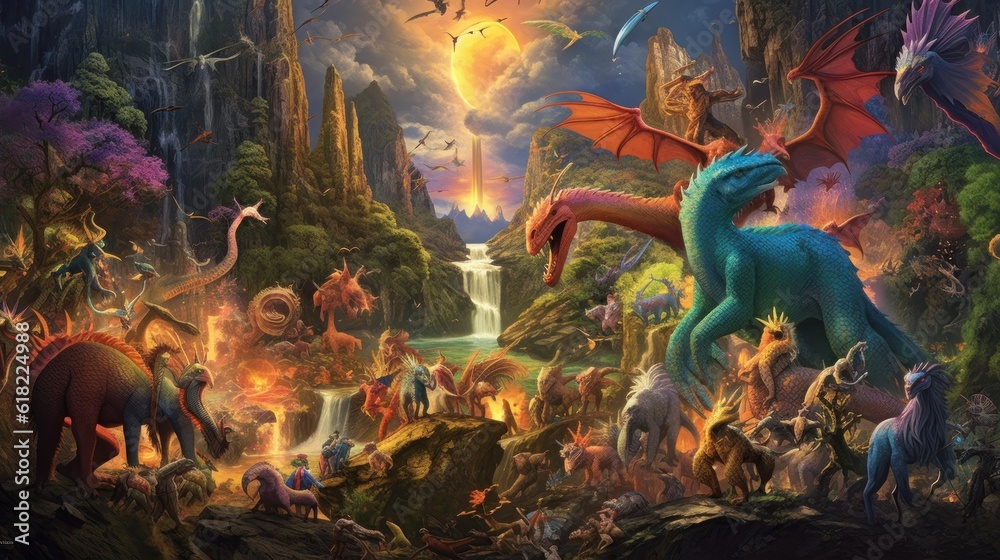 Artwork showcasing a diverse array of legendary creatures from folklore ...