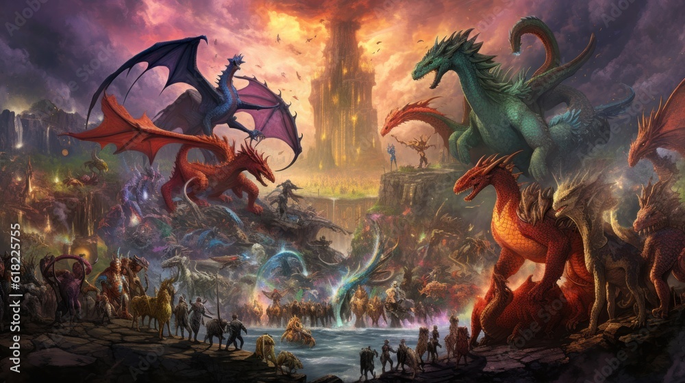 Artwork showcasing a diverse array of legendary creatures from folklore ...