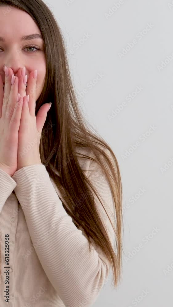 surprise joy the girl covered face with her hands laughing joyful eyes ...