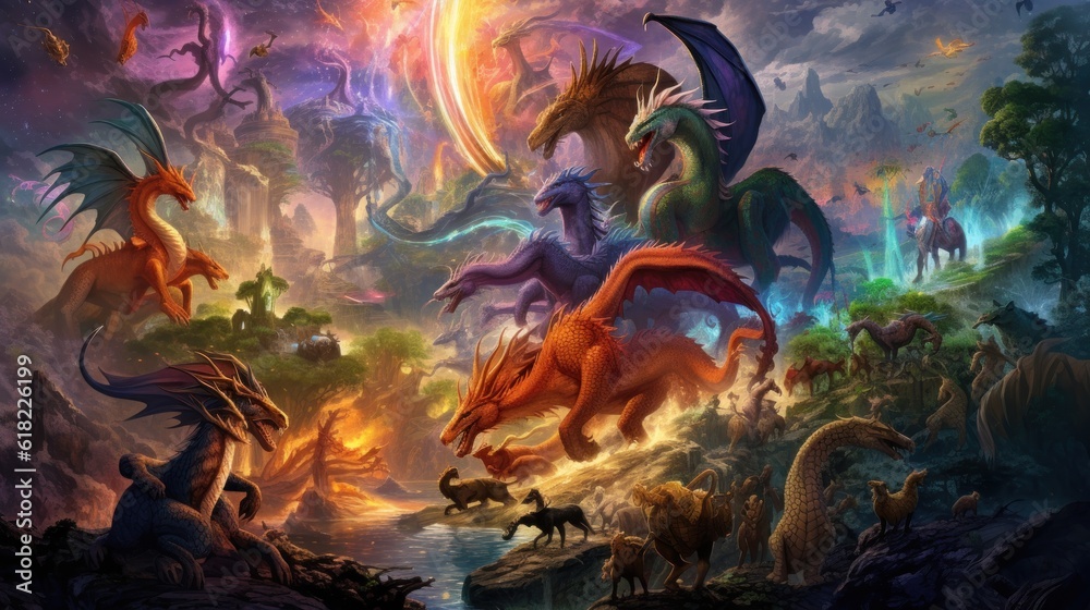 Artwork showcasing a diverse array of legendary creatures from folklore ...