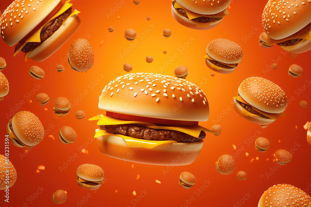 Wallpaper with a bunch of floating burgers on orange background. Lots ...