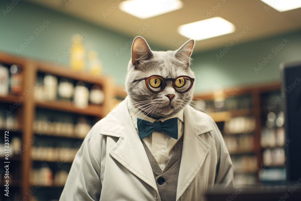 Portrait of a handsome pharmacist working in a pharmacy. Cartoon cat in ...