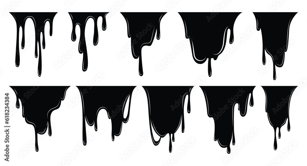 Paint dripping liquid set. Flowing oil stain. Set of black drips ...