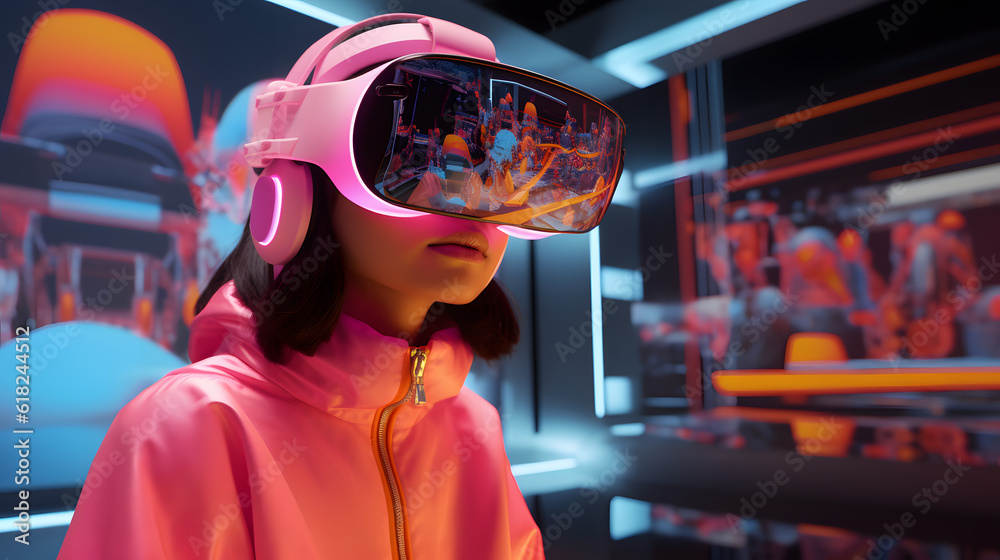 progressive woman at home, eyes wide behind a virtual reality visor ...