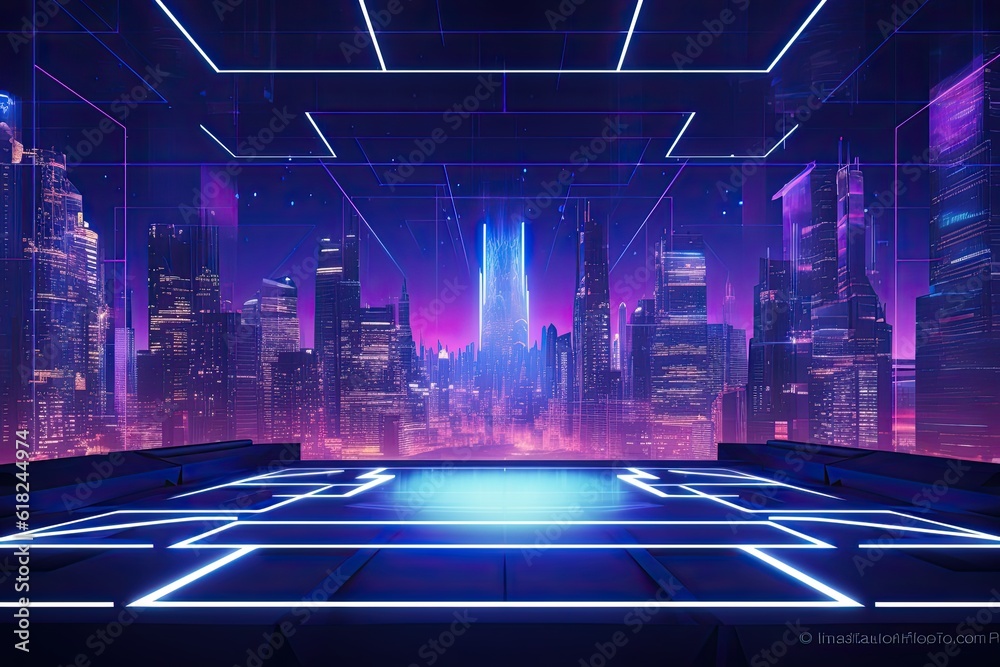 Cyber Space Futuristic Landscape. 3D Ultraviolet Neon Frame with ...