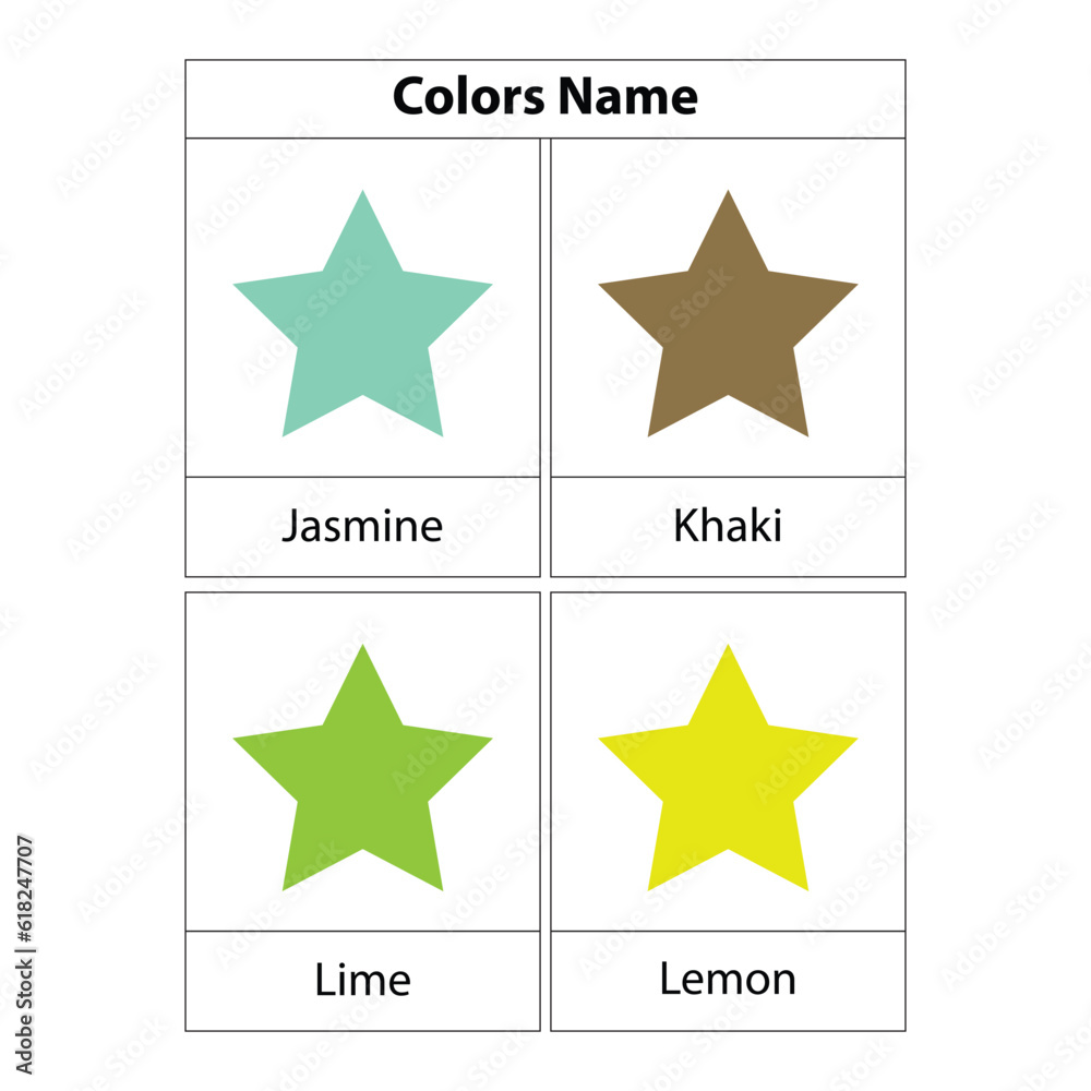 Different color Star Learning colors name. Vector illustration. white ...