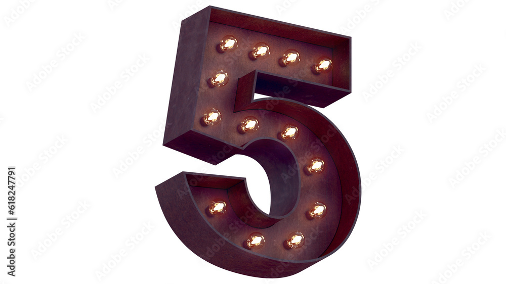 Light bulb glowing digit alphabet character 5 four font. Perspective ...