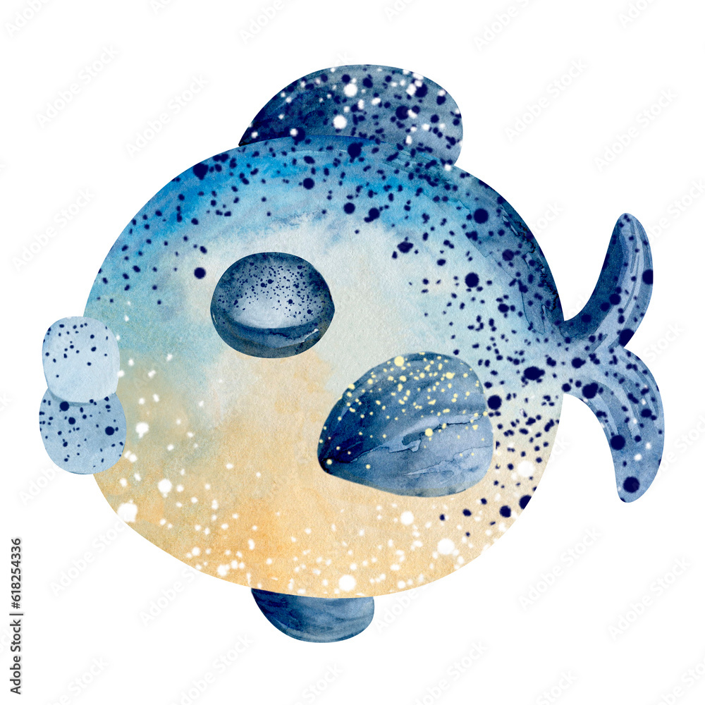 Watercolor illustration of a cartoon fish. Marine inhabitants of the ...