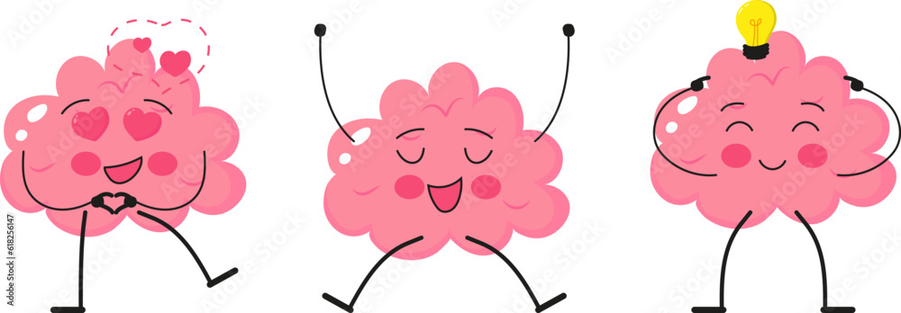 Cartoon brain emoji, emotion brainy vector set. Brainstorming set ...