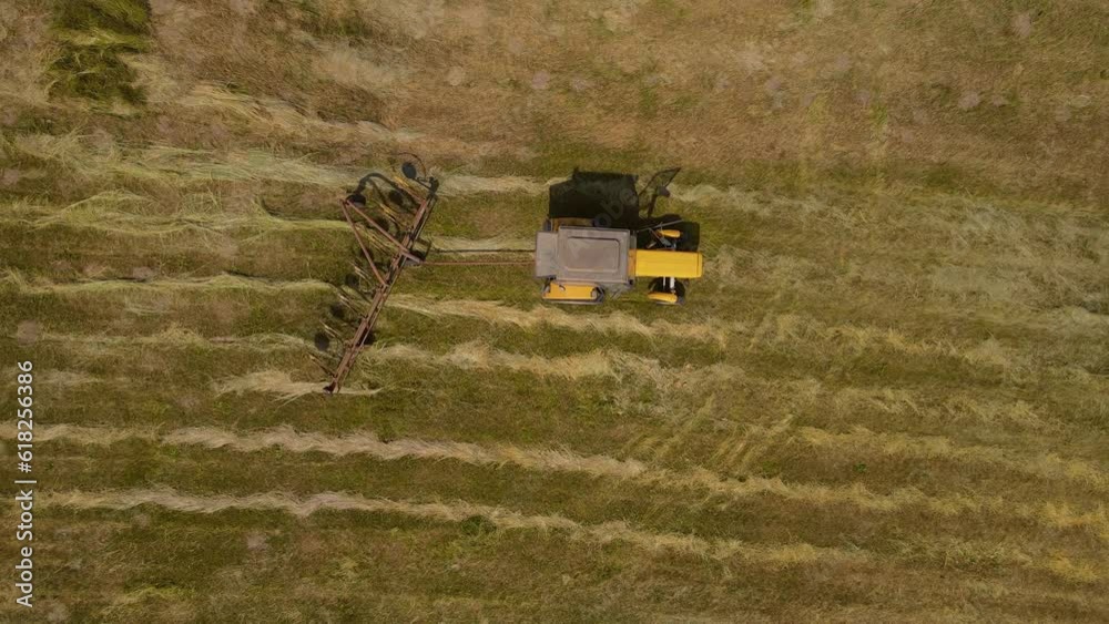 Farmer on tractor with trailered tedder speeds up drying of hay by ...