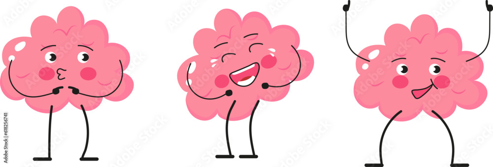 Cartoon brain emoji, emotion brainy vector set. Brainstorming set ...